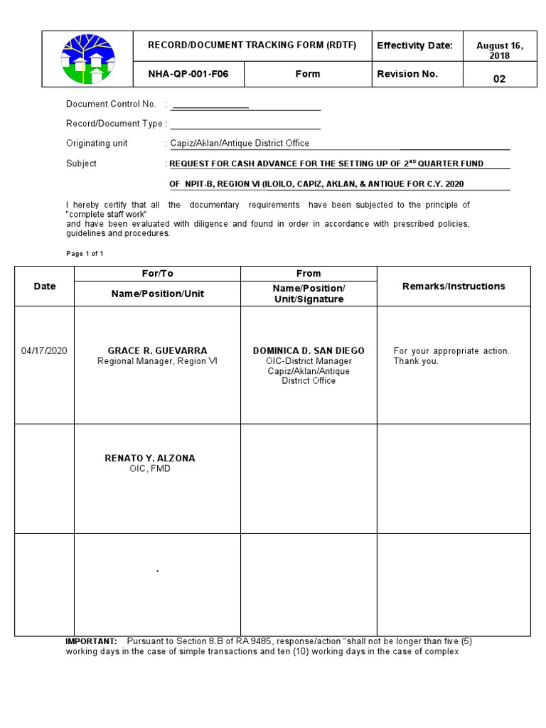 Effectivity Date: NHA-QP-001-F06 Form Revision No.: Record/Document ...