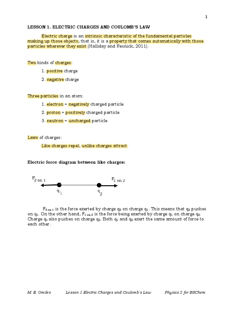 LESSON 1. Part 1. Electric Charges and Coloumb's Law | PDF | Electric ...