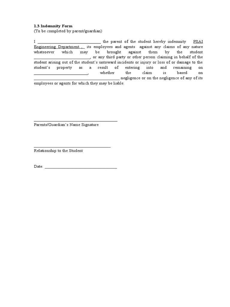 School Indemnity Form Template | PDF
