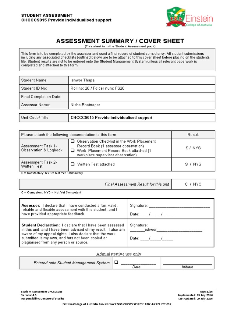 Assessment Summary / Cover Sheet: Student Assessment CHCCCS015 Provide ...