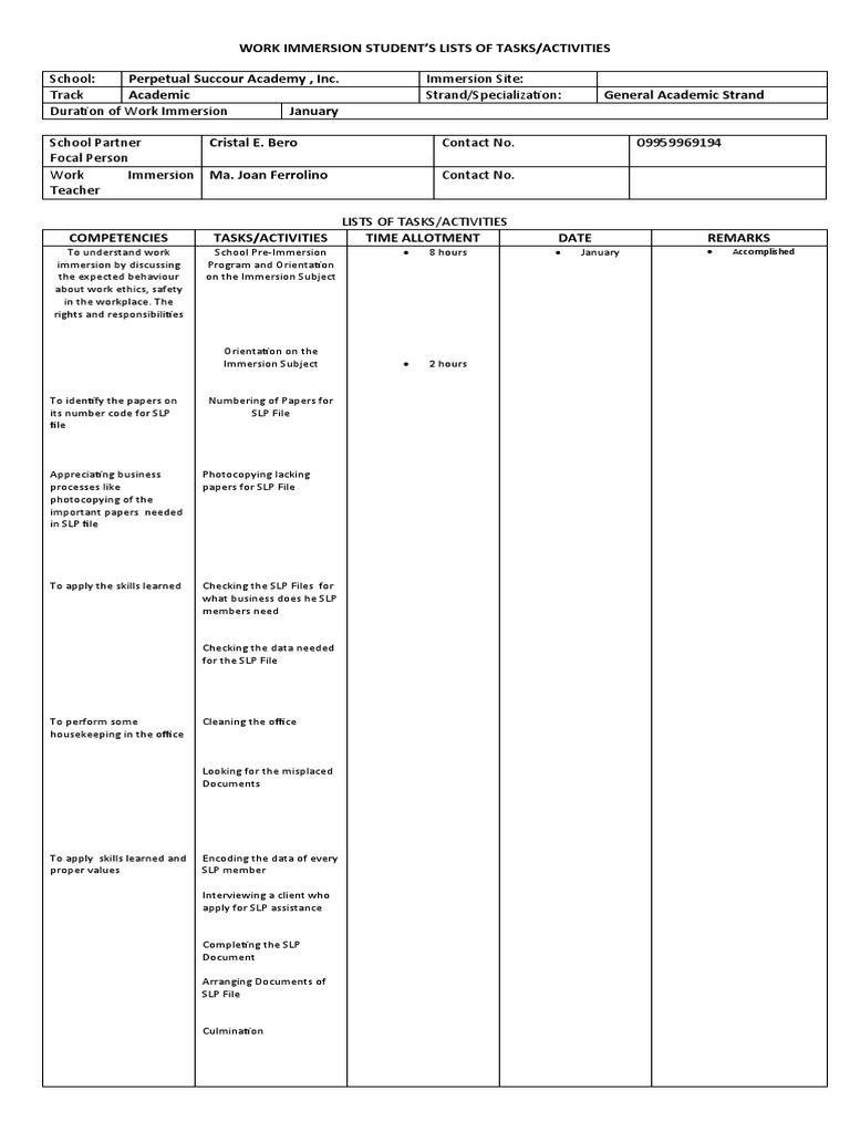 Work Immersion Student Check Lists | PDF