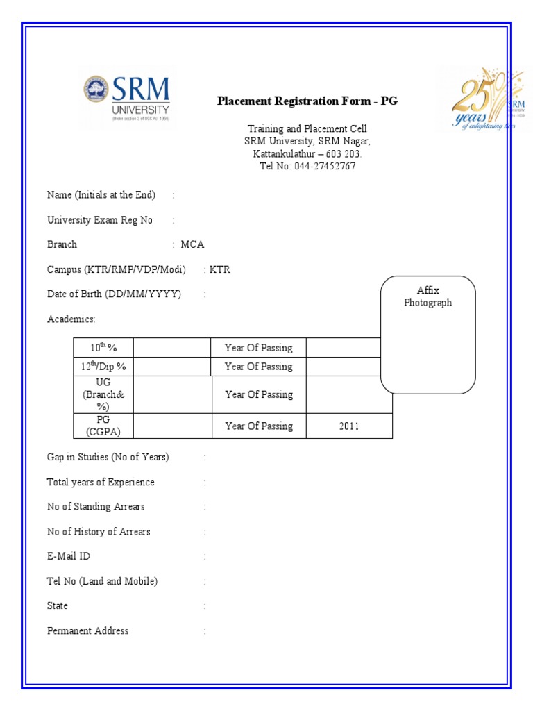 Placement Registration Form - PG: TH TH | PDF