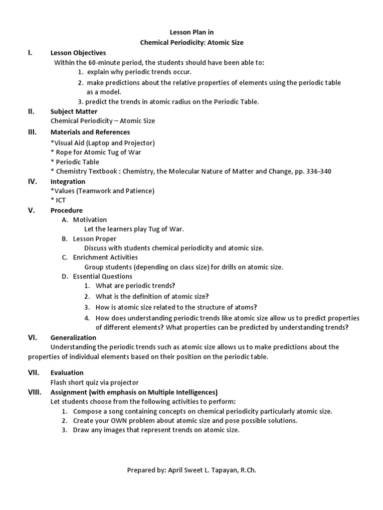 Lesson Plan in Chemical Periodicity: Atomic Size Lesson Objectives | PDF