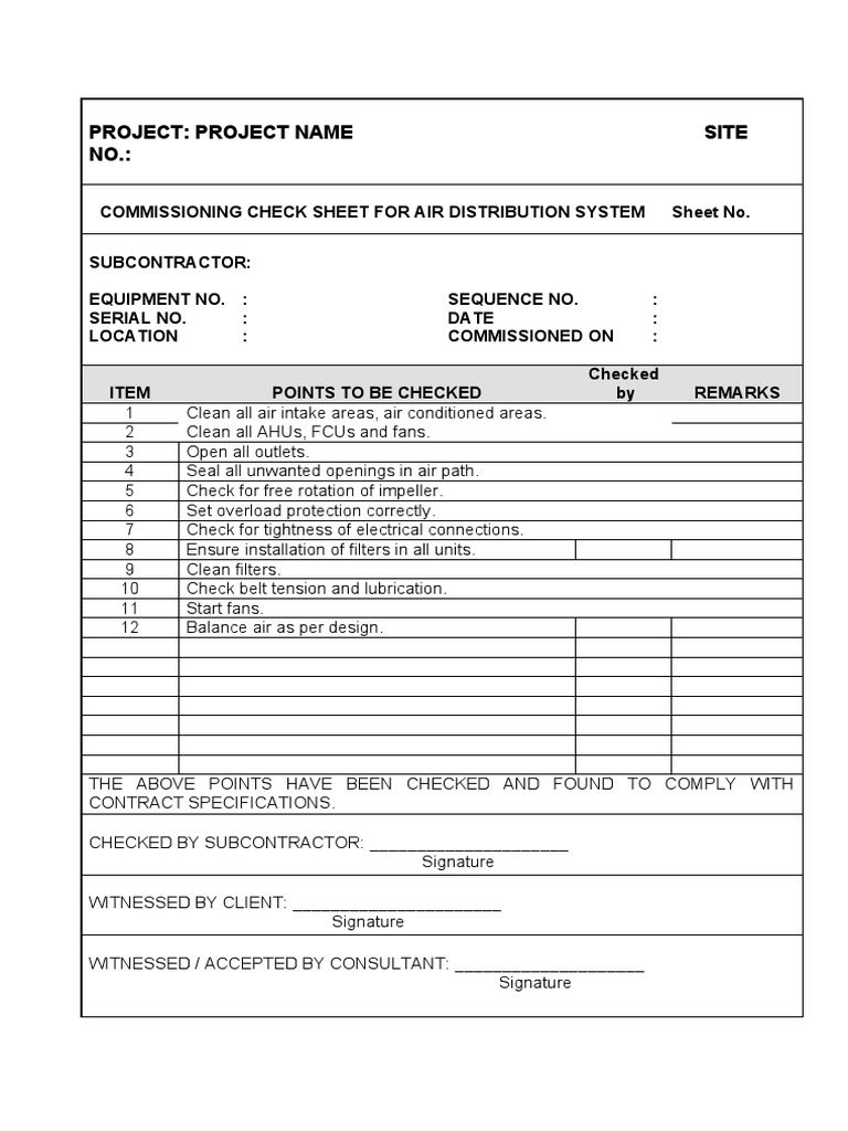 Commissioning Check Sheet For Air Distribution System | PDF