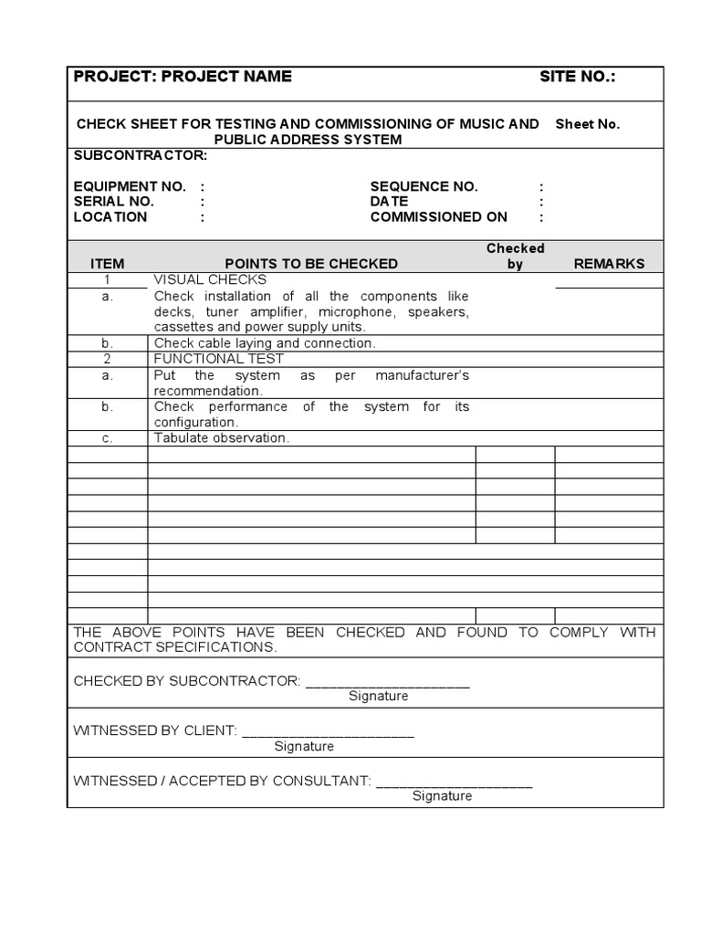 Check Sheet For Testing and Commissioning of Music and Public Address ...