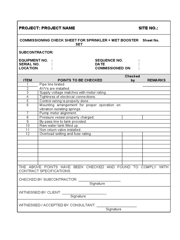 Project: Project Name Site No.:: Commissioning Check Sheet For ...