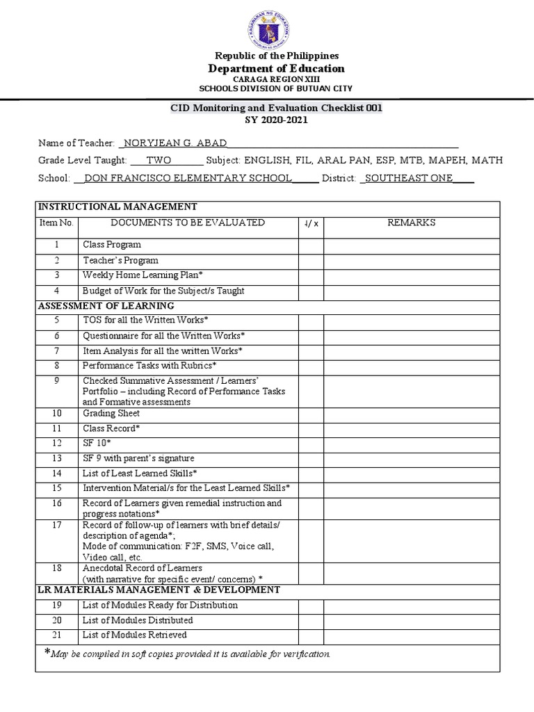 Department of Education: CID Monitoring and Evaluation Checklist 001 | PDF
