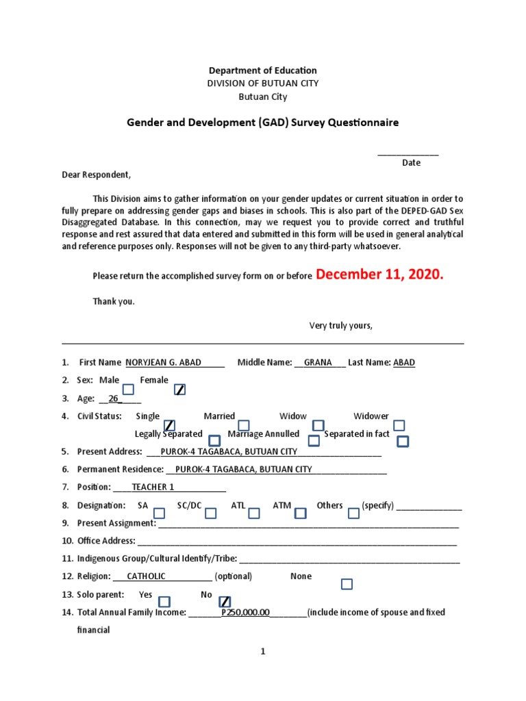 December 11, 2020.: Gender and Development (GAD) Survey Questionnaire ...