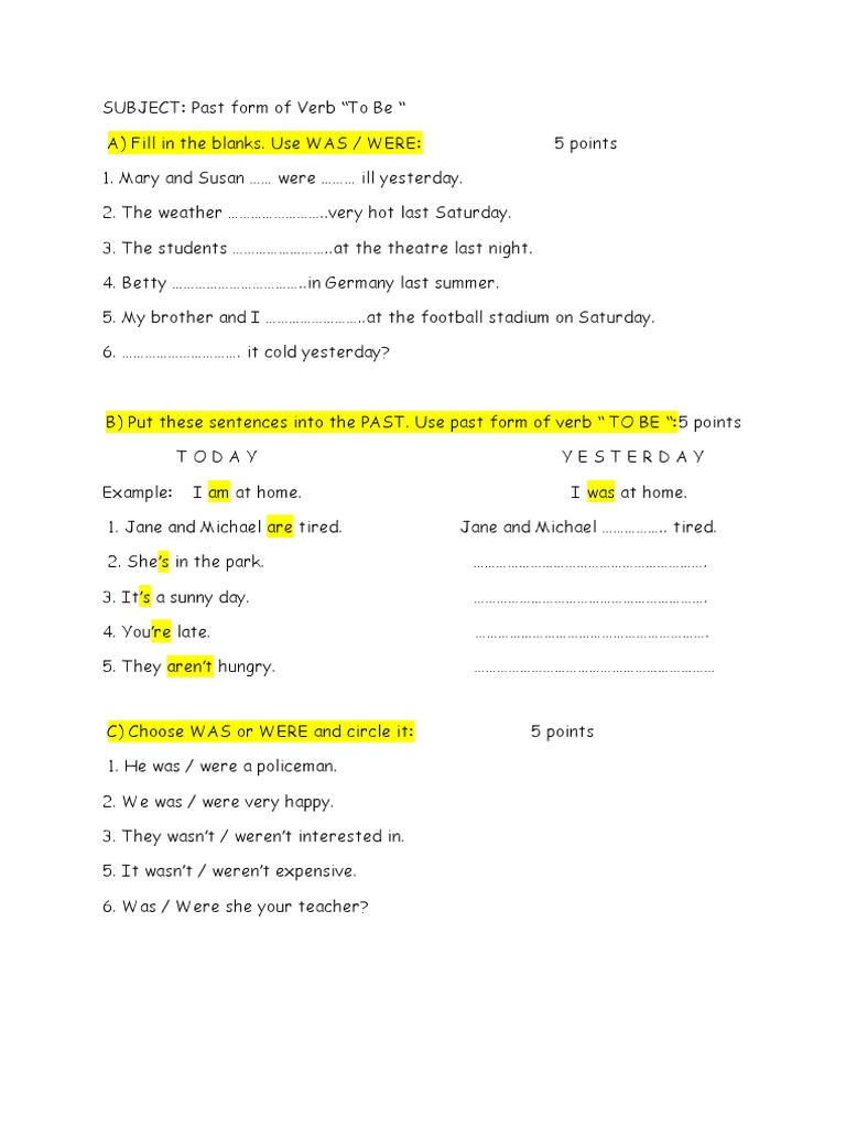Test TO BE - Past Simple | PDF | Grammar