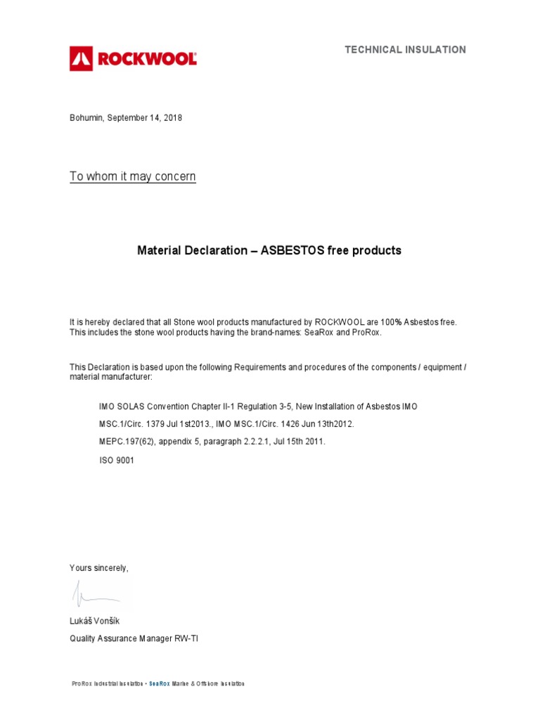 Rti Certificates Asbestos Free Declaration | PDF