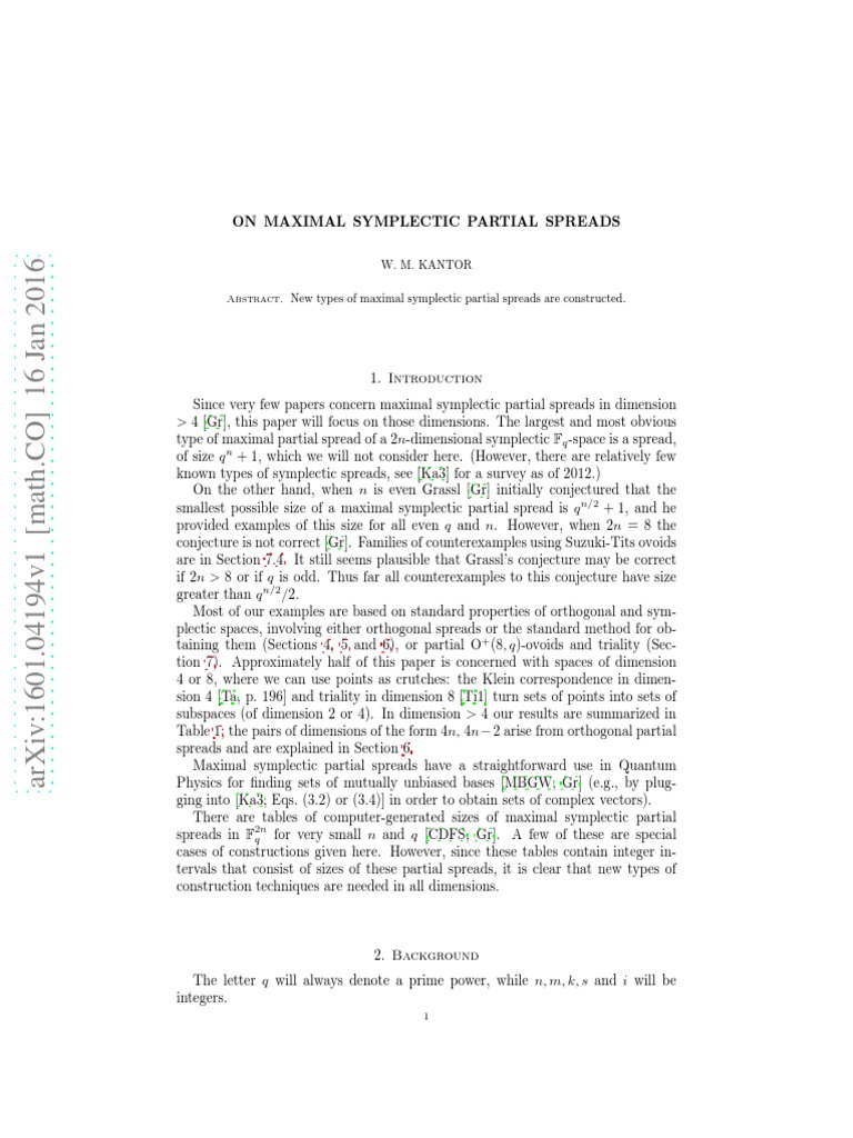Maximal Symplectic Partial Spreads In Dimensions ≥ 6 Pdf Linear Subspace Vector Space