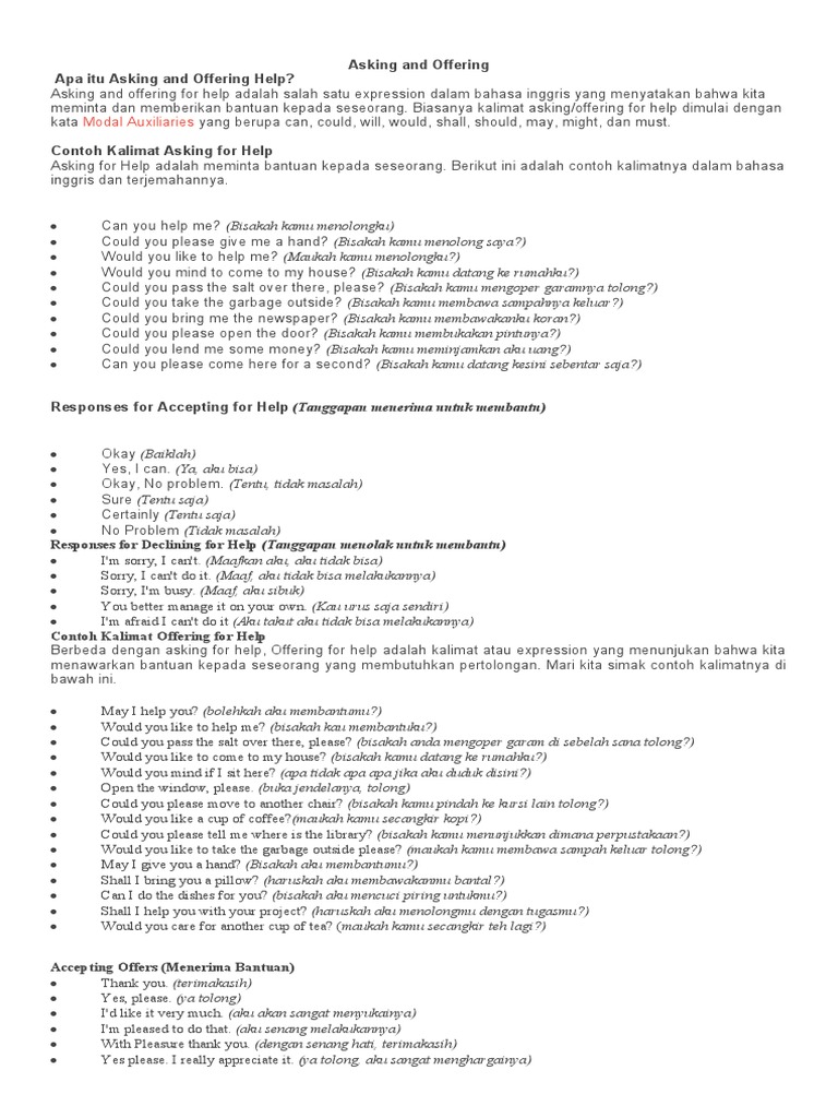 Asking & Offering Help: Contoh Kalimat | PDF