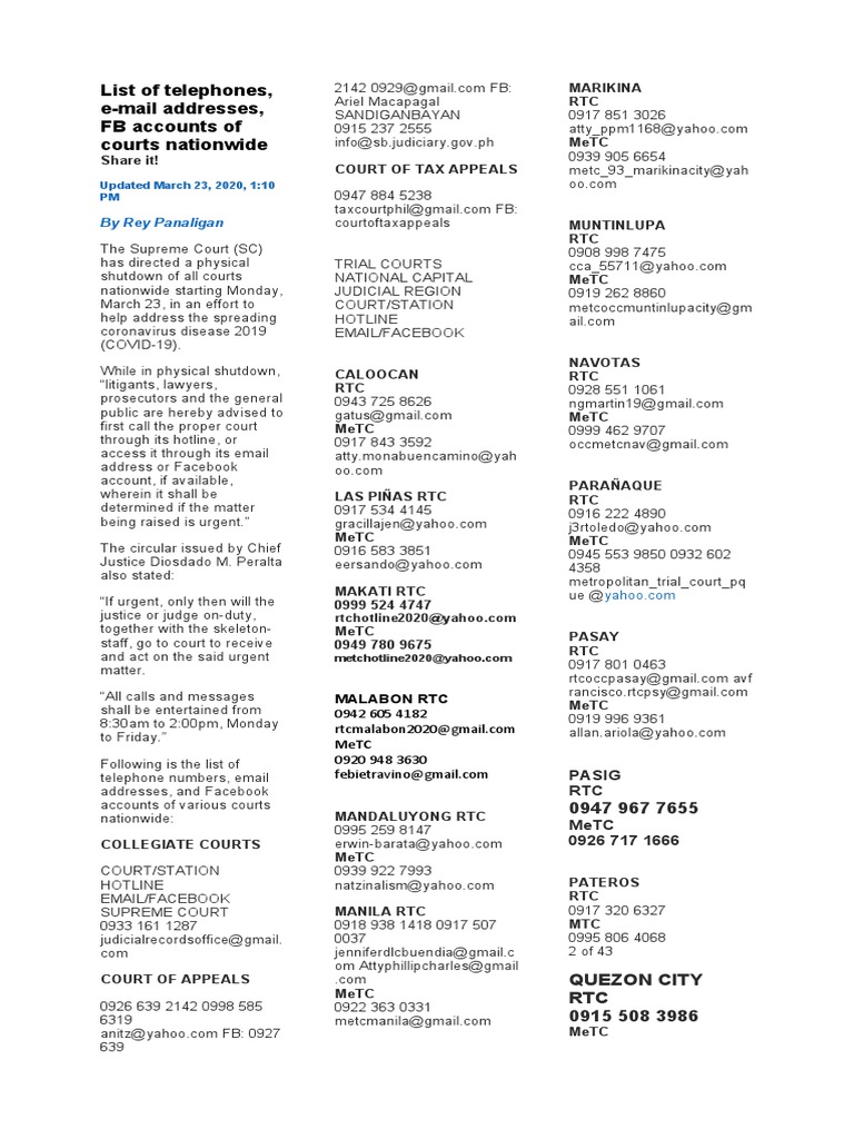 List of RTC MeTC Phones and Emials | PDF | Judiciaries | Philippines