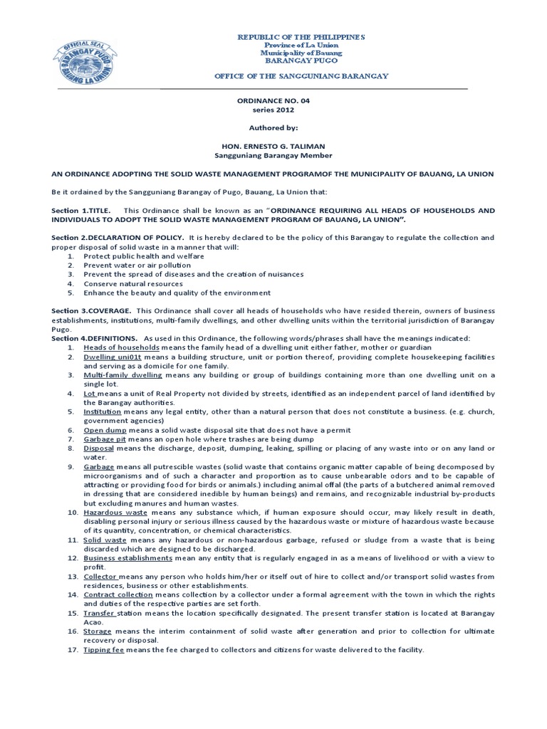 ORDINANCE NO 04, Solid Waste Management | PDF | Municipal Solid Waste ...