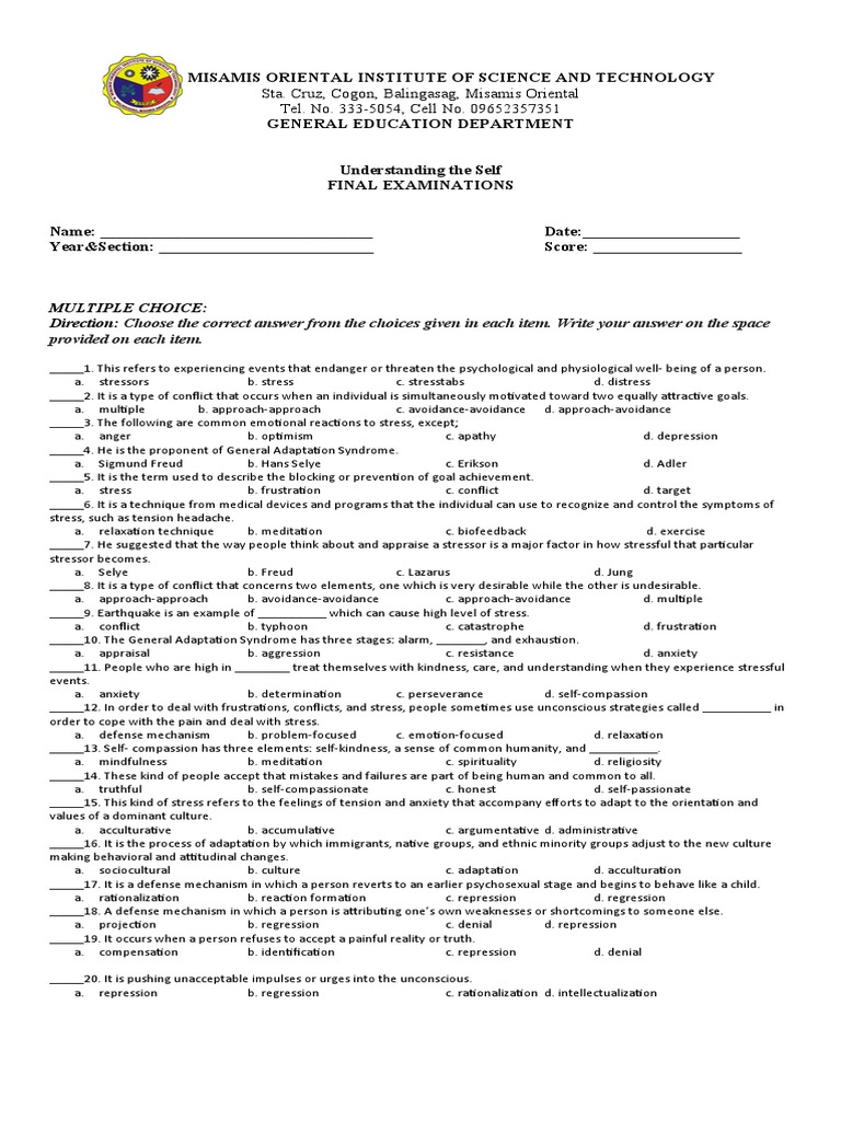 UTS FInal Exam | PDF | Stress (Biology) | Self Esteem