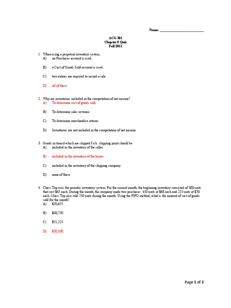 Answer Key Chapter 8 Quiz | PDF | Inventory Valuation | Inventory
