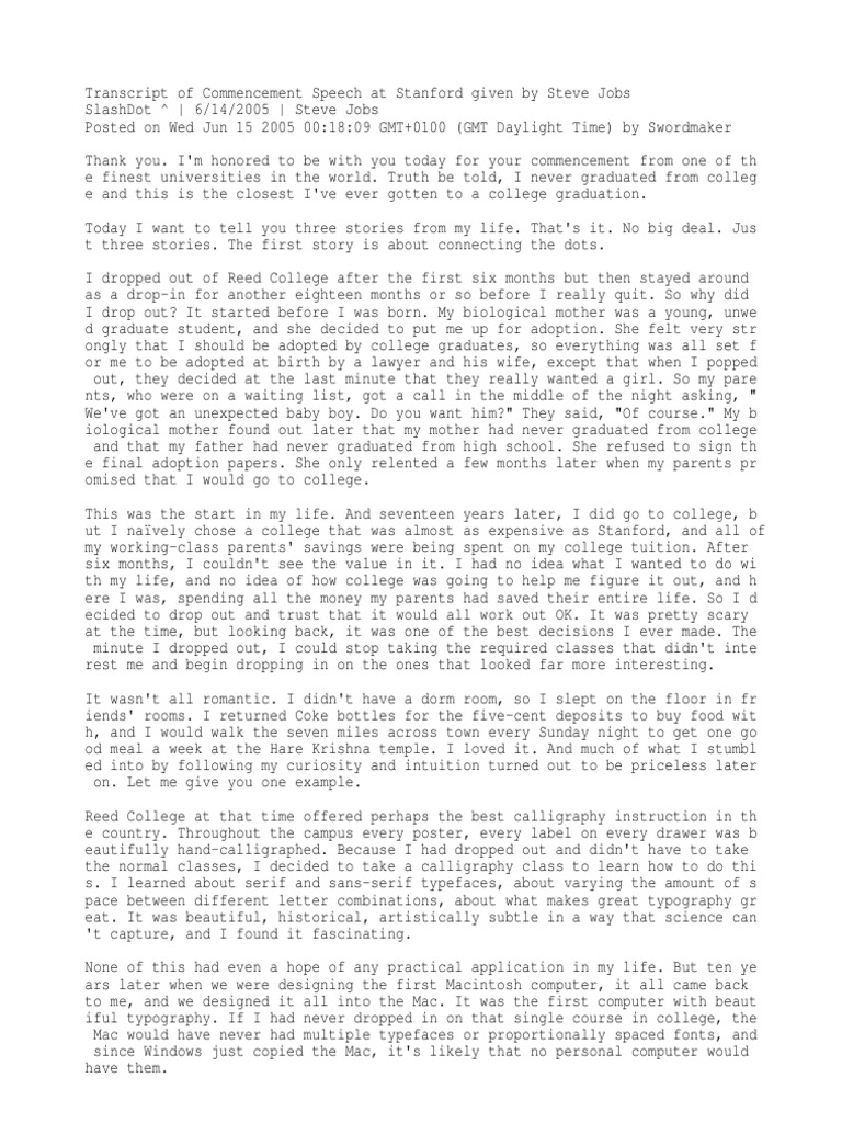Transcript of Commencement Speech at Stanford Given by Steve Jobs | PDF ...