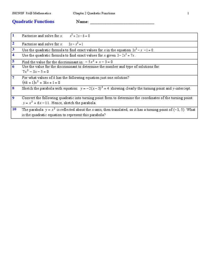 Quadratic Functions Exercises and Solutions | PDF