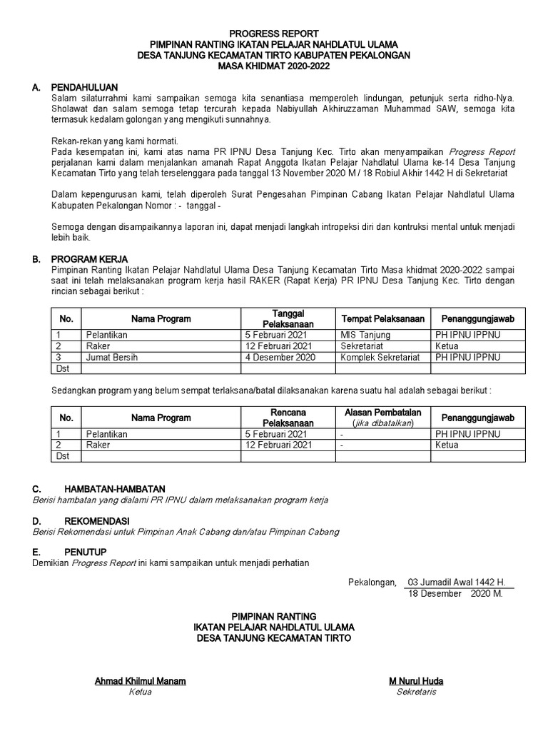Laporan Progres PR IPNU Tanjung 2020-2022 | PDF
