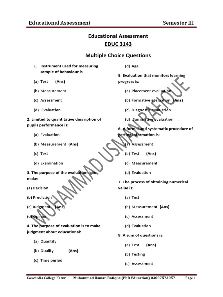 3rd Semester MCQs | PDF | Educational Assessment | Test (Assessment)