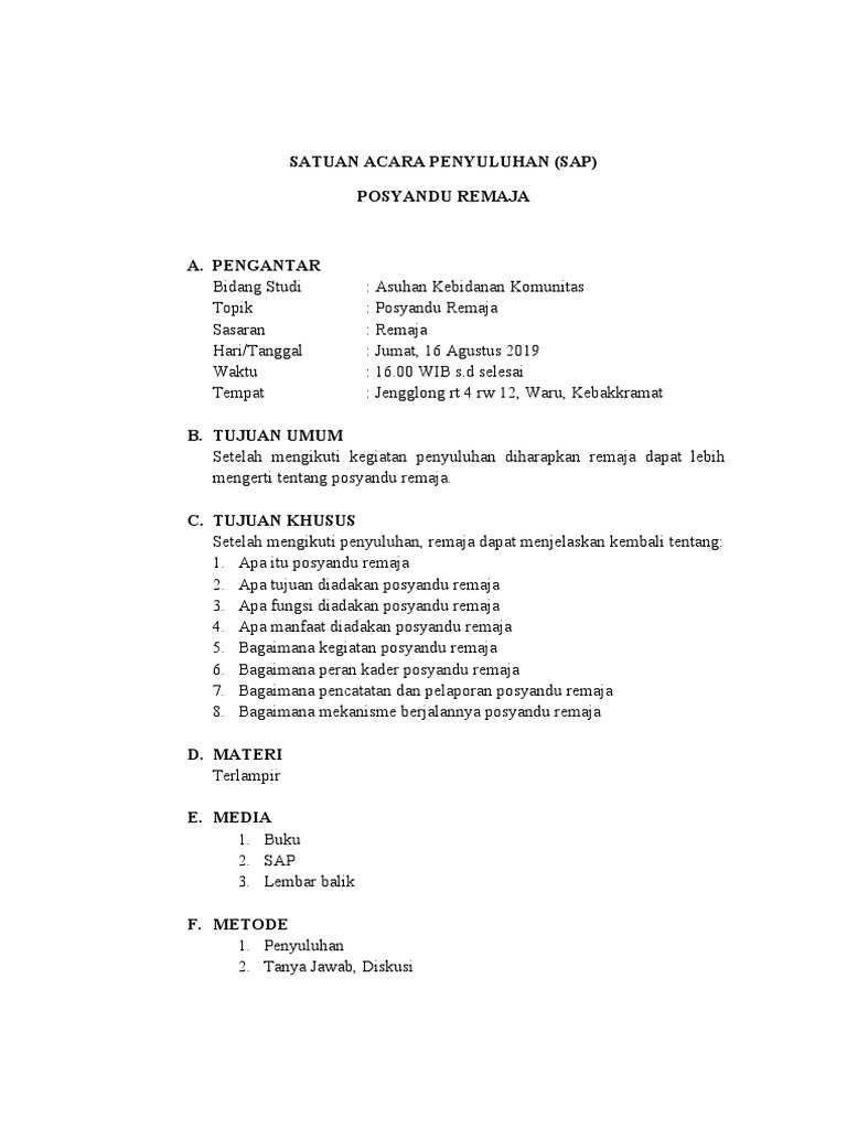 Satuan Acara Penyuluhan (Sap) Posyandu Remaja | PDF