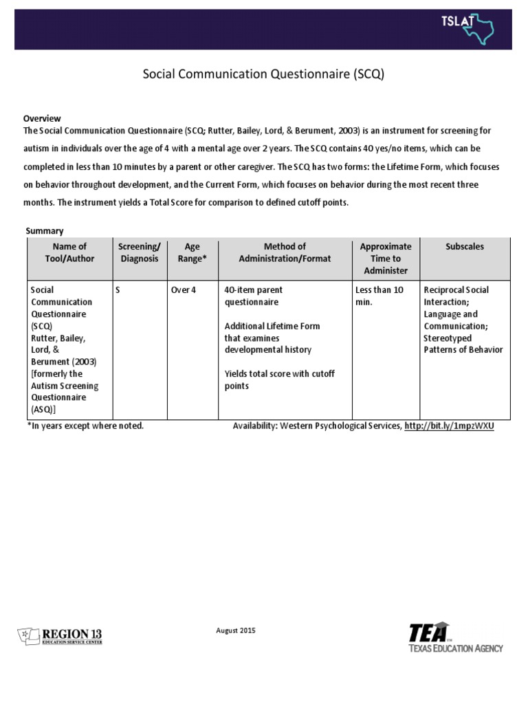 Social Communication Questionnaire (SCQ) : August 2015 | Download Free ... Social Communication Questionnaire (SCQ) : August 2015 | Download Free ...