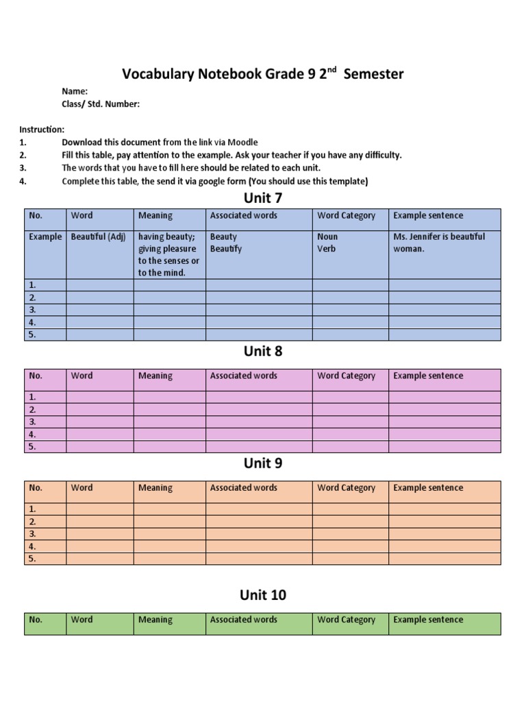 Grade 9 Vocabulary Notebook Template | PDF