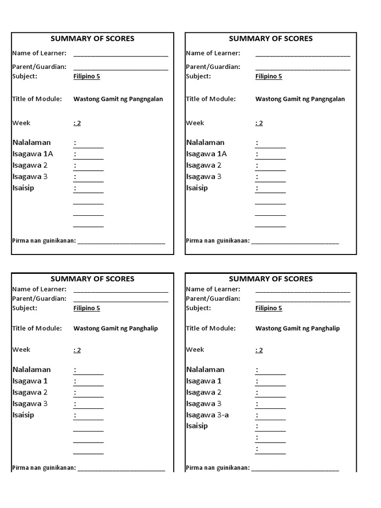 Summary of Scores Summary of Scores: Filipino 5 Filipino 5 | PDF ...
