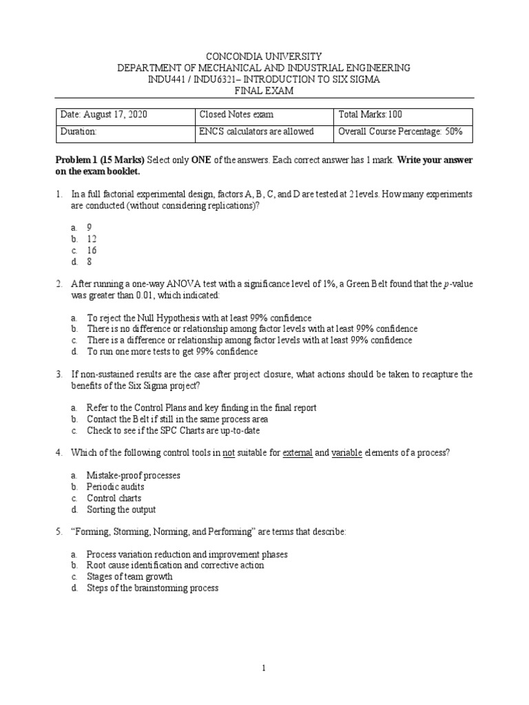 Problem 1 (15 Marks) Select Only ONE of The Answers. Each Correct ...