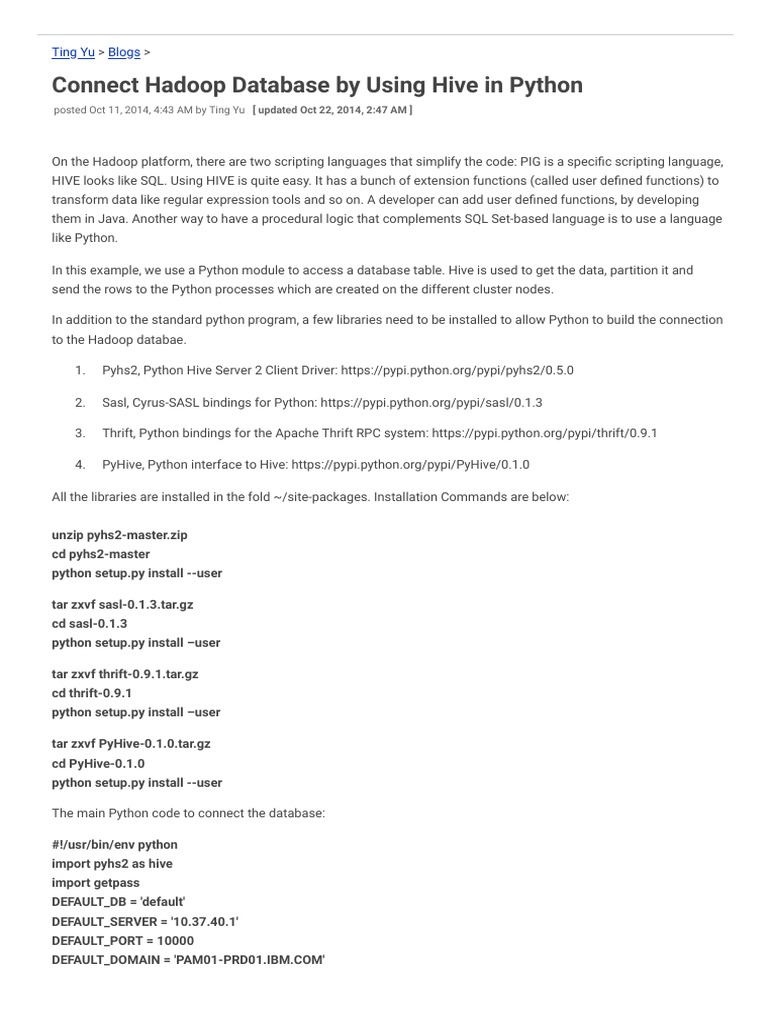 Connect Hadoop Database By Using Hive In Python Ting Yu Pdf Apache Hadoop Python