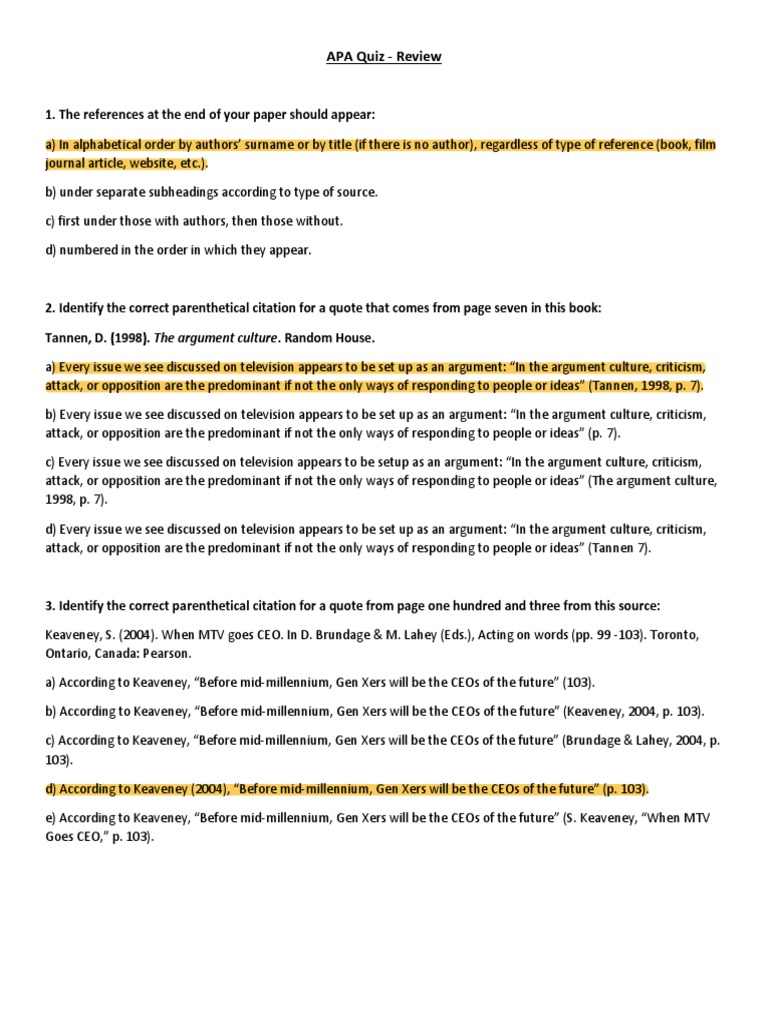 APA Workshop Quiz | PDF | Citation | Apa Style
