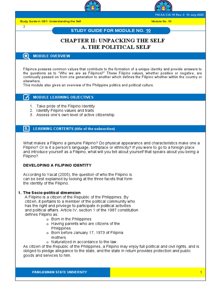 Chapter Ii: Unpacking The Self A. The Political Self: Study Guide For ...