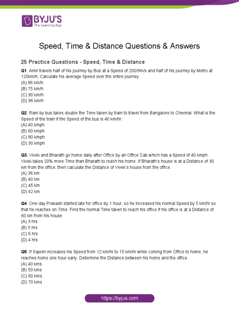 Speed Time Distance Questions Answers | PDF | Speed | Acceleration