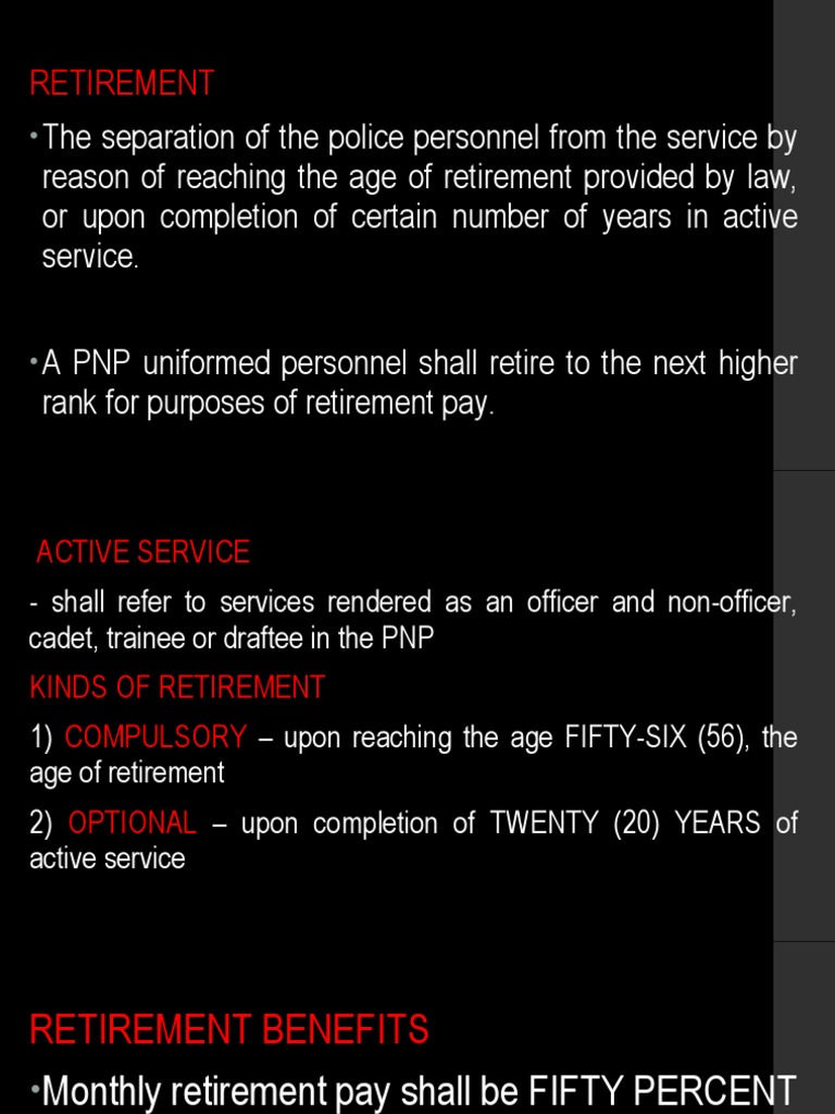 PNP Retirement Types and Benefits | PDF | Police | Crime & Violence