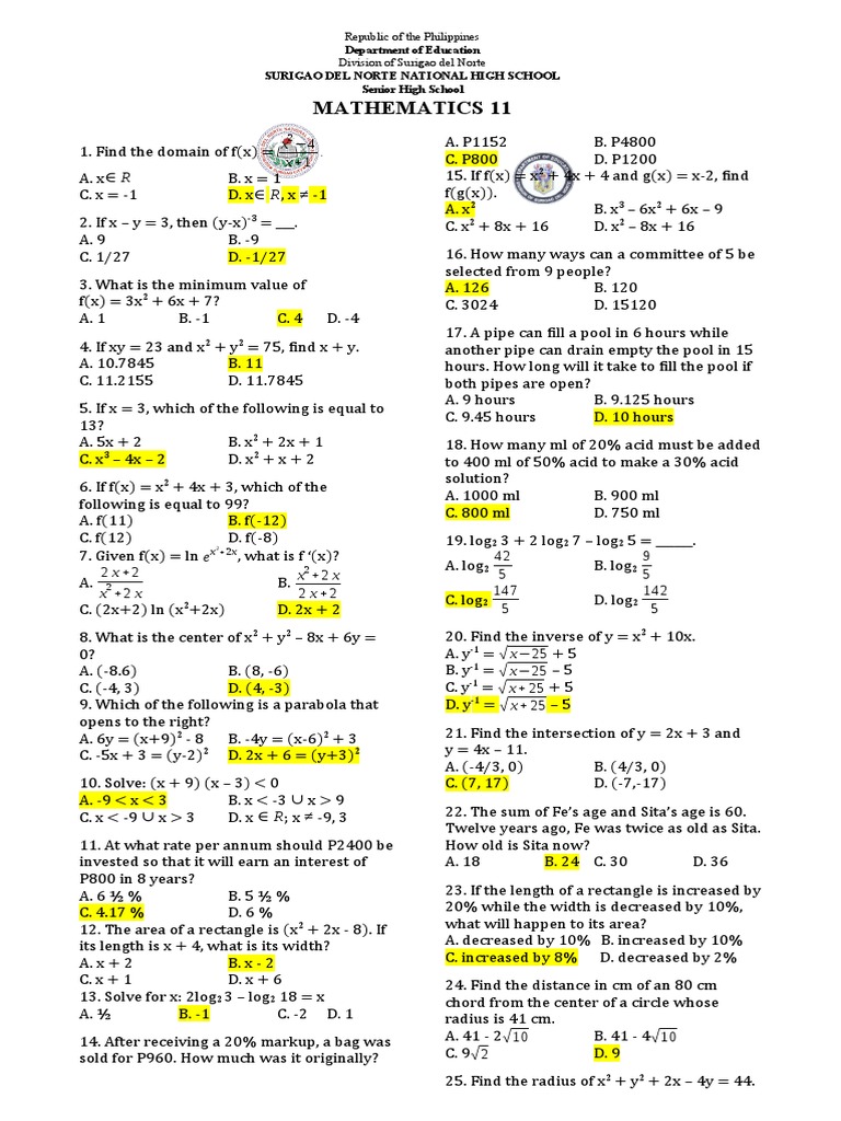 MATHEMATICS QUIZ Grade 11 | PDF | Area | Length