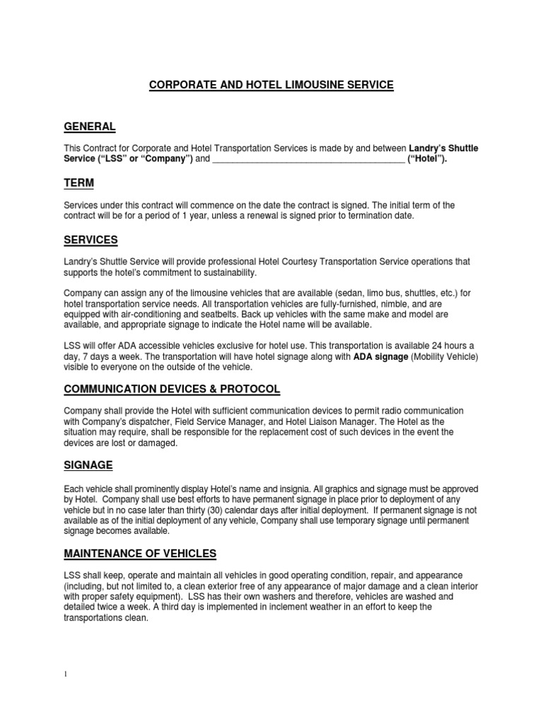 Corporate and Hotel Limousine Services Contract | PDF | Indemnity ...