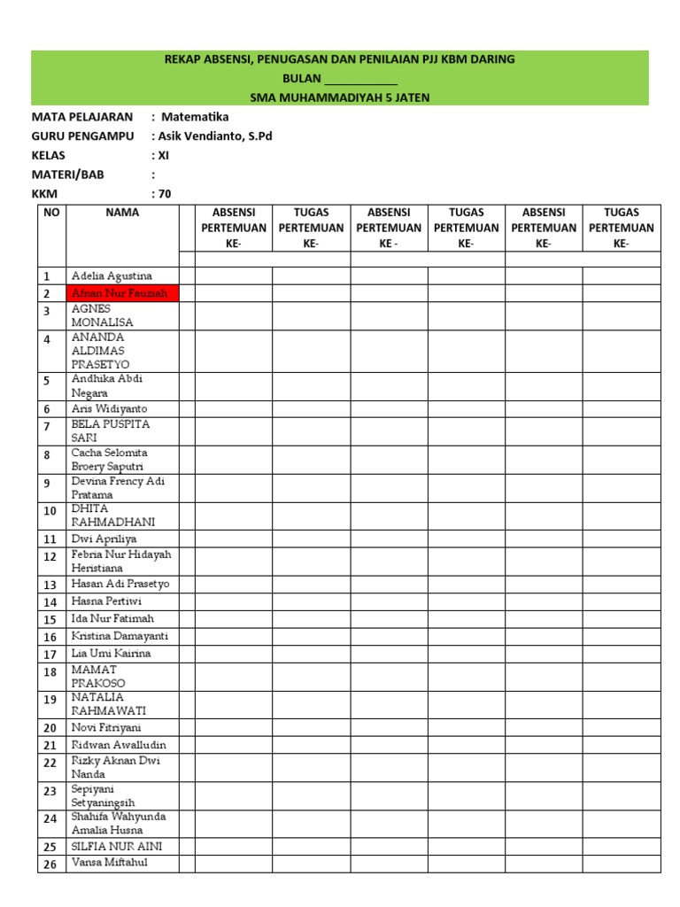 Contoh Rekap Absensi KBM PJJ | PDF