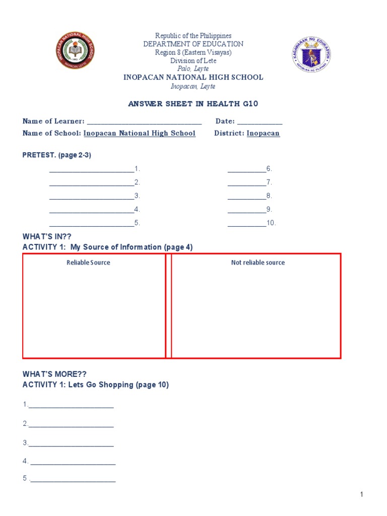 Inopacan National High School Answer Sheet in Health G10 | PDF | Cognition