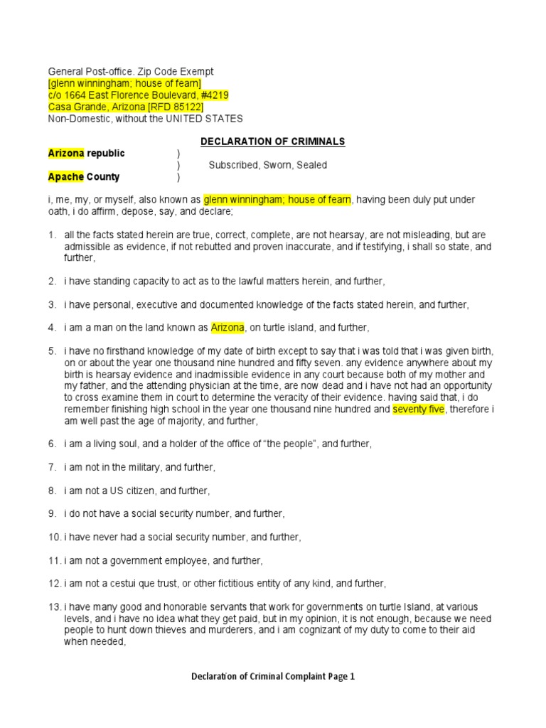 Generic Declaration of Criminal Complaint | PDF | Article One Of The ... Generic Declaration of Criminal Complaint | PDF | Article One Of The ...
