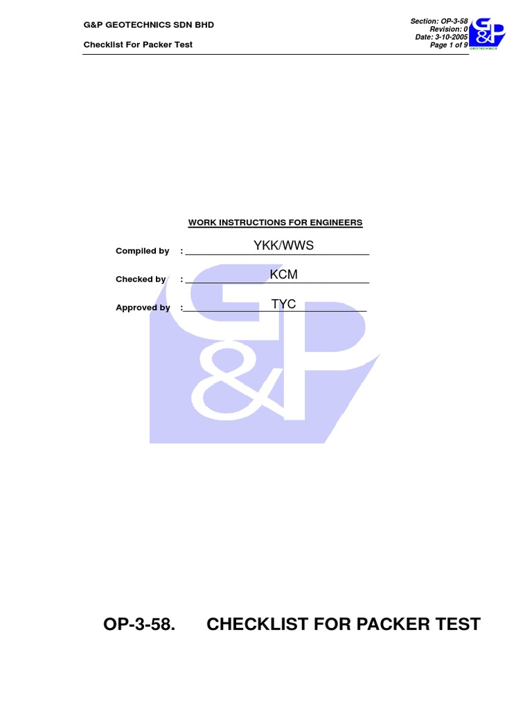 Op-3-58. Checklist For Packer Test: Ykk/Wws KCM TYC | PDF | Pressure ...
