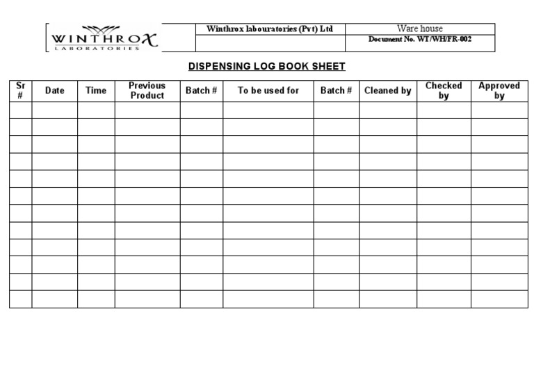 Dispensing Log Book Sheet: Winthrox Labouratories (PVT) LTD | PDF