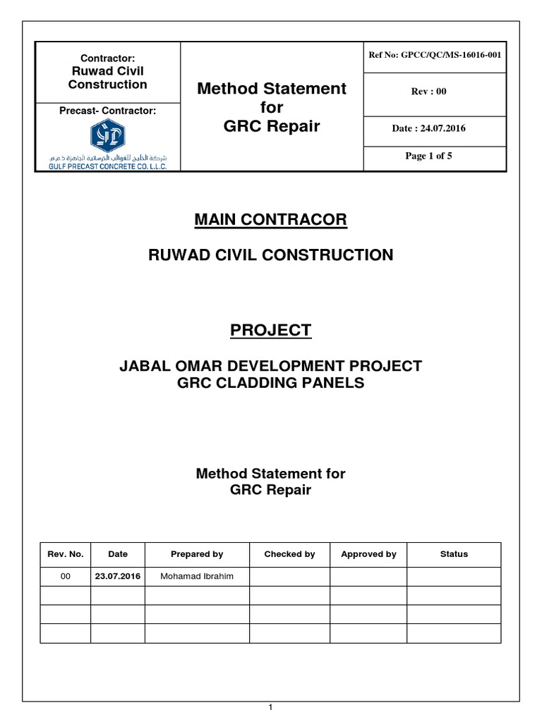 Job 16016 - Method Statement For GRC Repair | PDF | Building Engineering | Materials