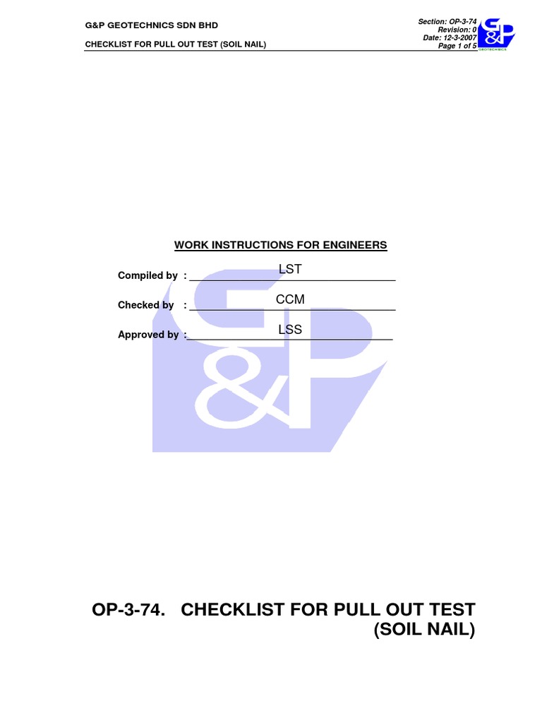 Op-3-74. Checklist For Pull Out Test (Soil Nail) : Work Instructions ...
