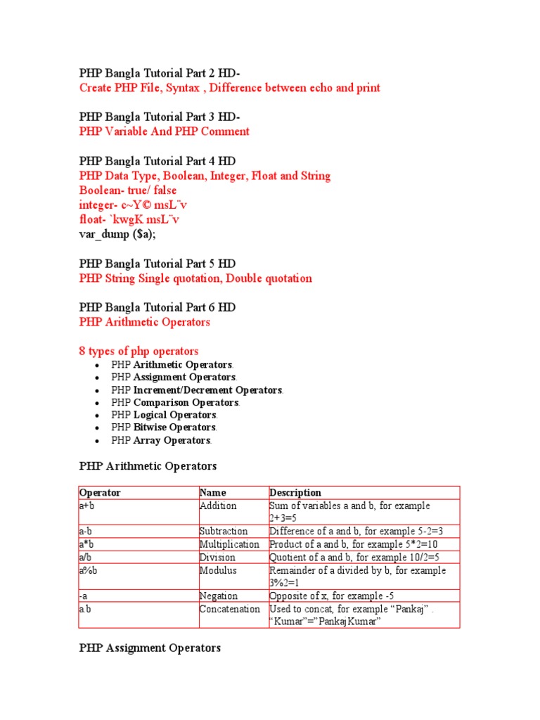 Php Bangla Tutorial Part 2 Hd Pdf Php Boolean Data Type 