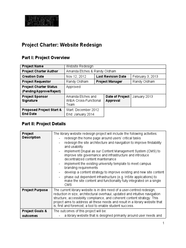 Project Charter: Website Redesign: Part I: Project Overview | PDF ...