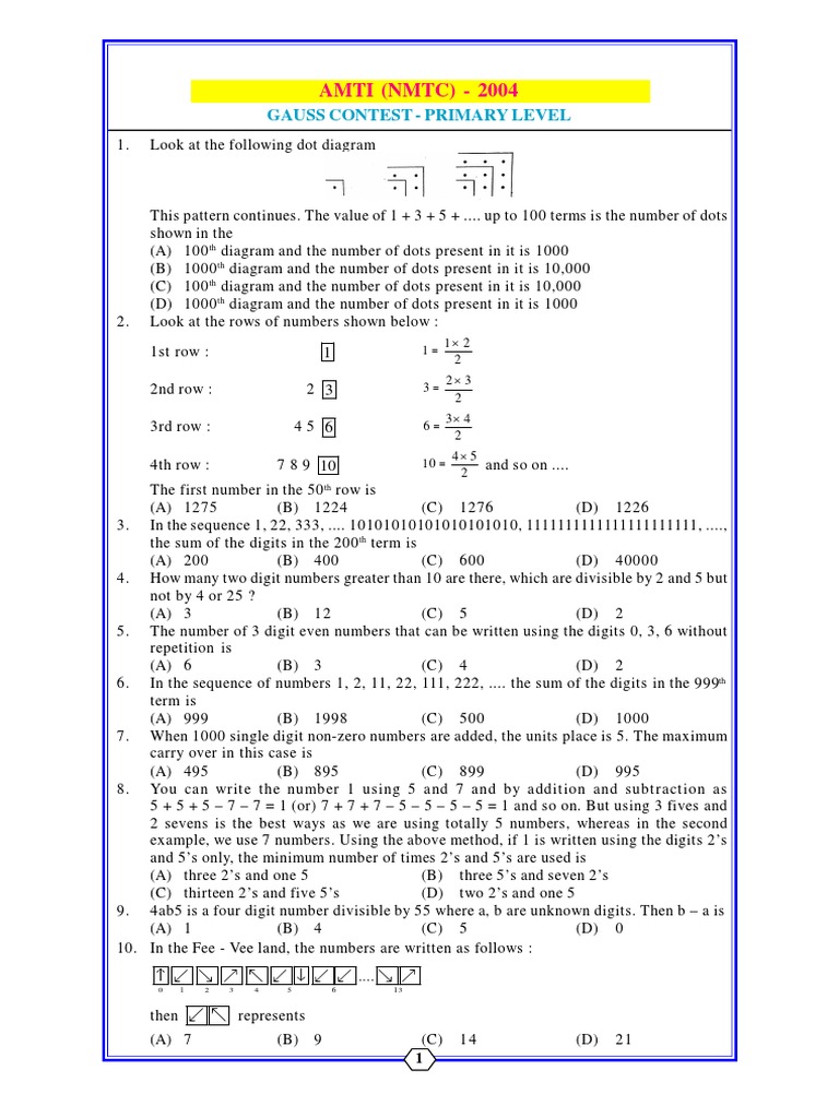 AMTI (NMTC) - 2004: Gauss Contest - Primary Level | PDF | Triangle | Area