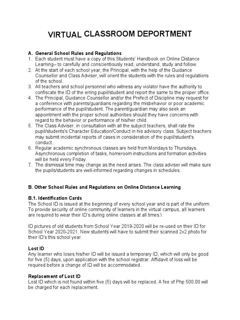 Virtual Classroom Deportment: A. General School Rules and Regulations ...