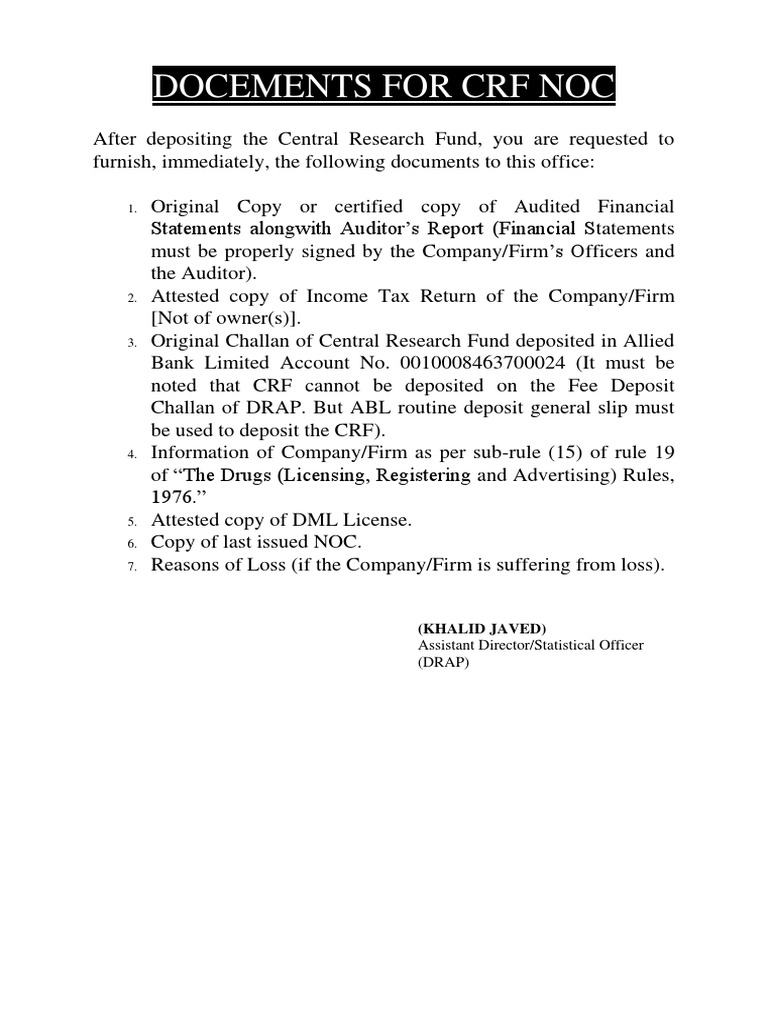 Documents Required For CRF NOC | PDF
