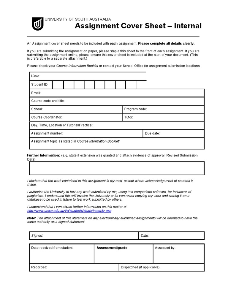 Assignment Cover Sheet - Internal: University of South Australia | PDF ...