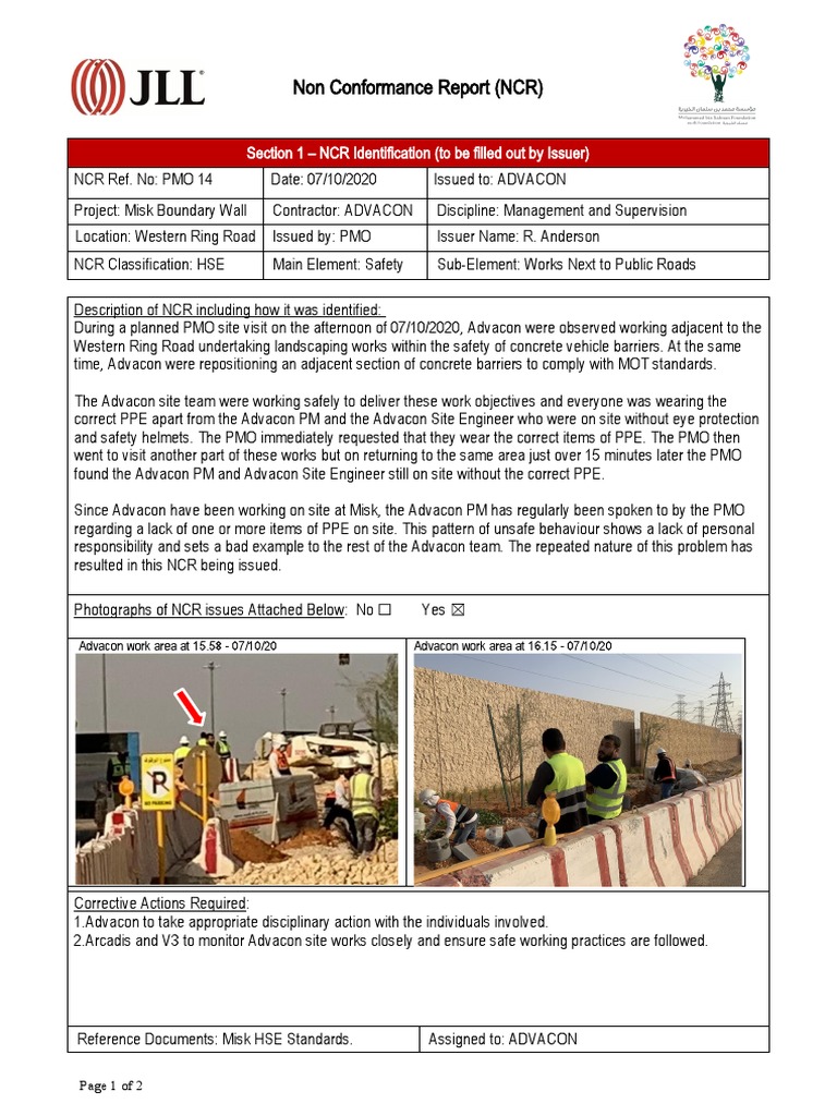 Addressing Unsafe Work Practices: A Non-Conformance Report for Lack of ...